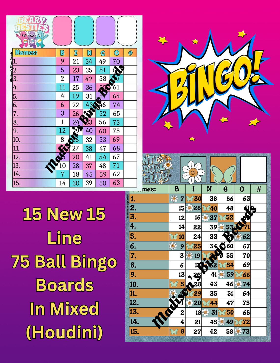Bundle of 15 Line 75 Balls Bingo Boards- Pack of 15 in Mixed (houdini ...