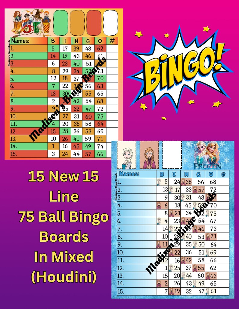 Bundle of 15 Line 75 Balls Bingo Boards- Pack of 15 in Mixed (houdini ...