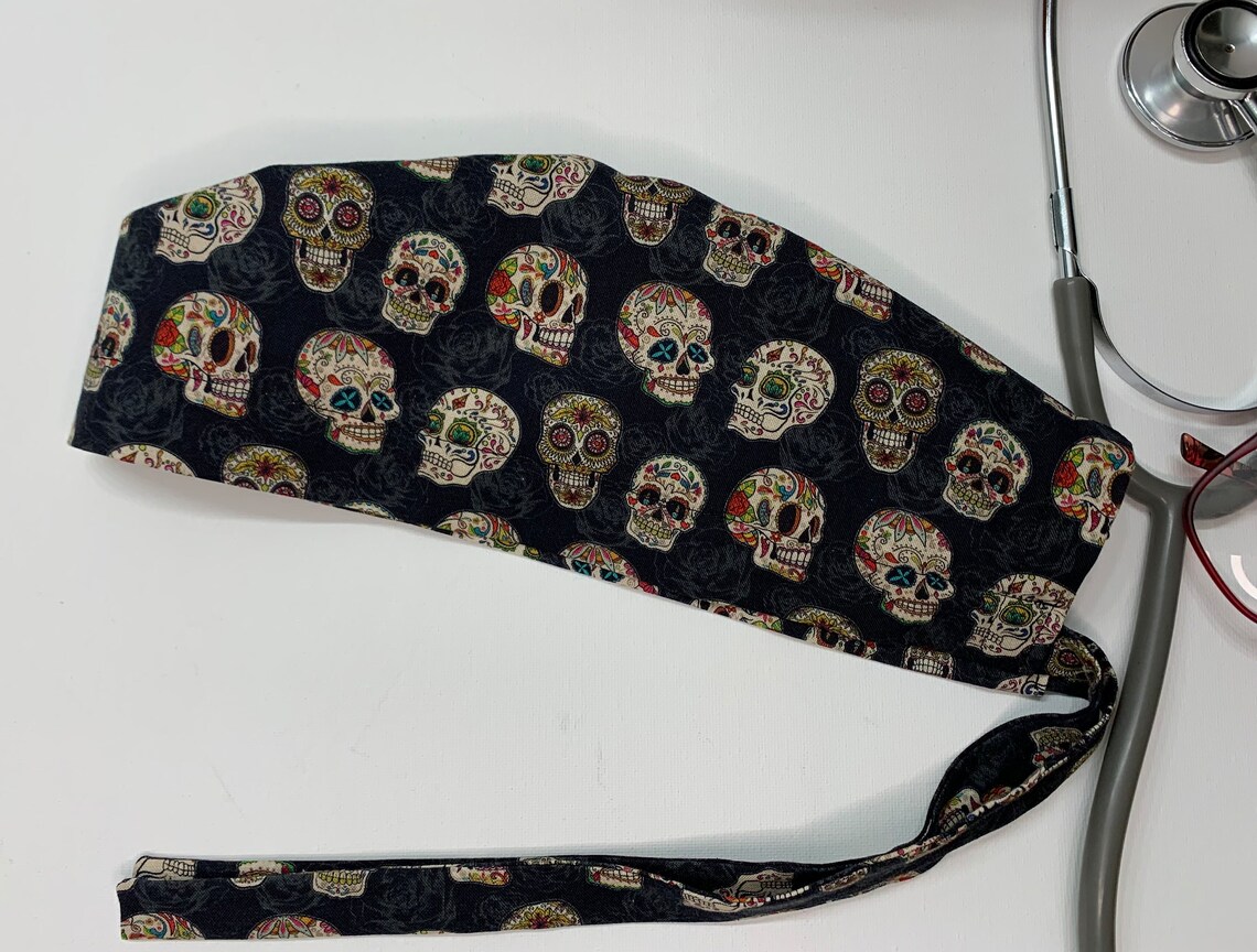PAINTED SKULLS Surgical Style Tie Back Scrub Cap Du Rag Welding Cap ...