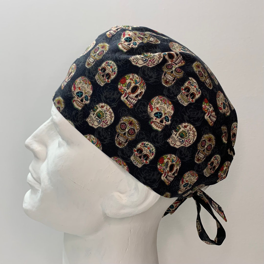 PAINTED SKULLS Surgical Style Tie Back Scrub Cap Du Rag Welding Cap ...
