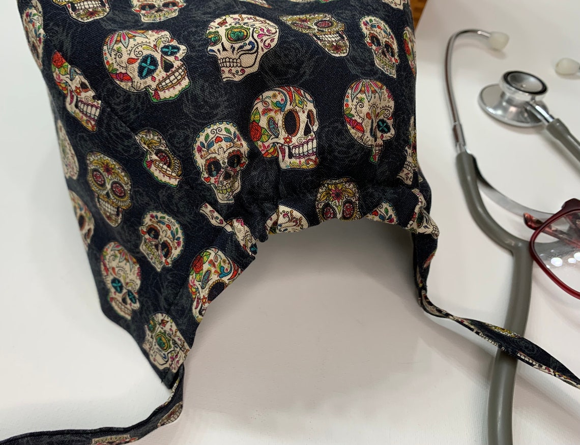 PAINTED SKULLS Surgical Style Tie Back Scrub Cap Du Rag Welding Cap ...