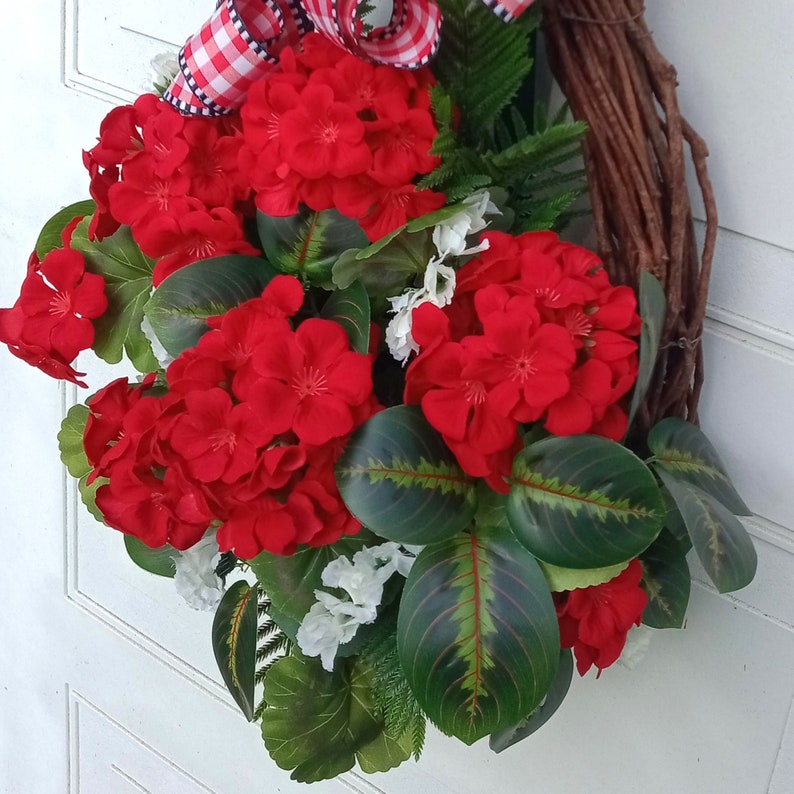 Fall Red Geranium Wreath, Geranium Grapevine Wreath, Red and White Fall ...