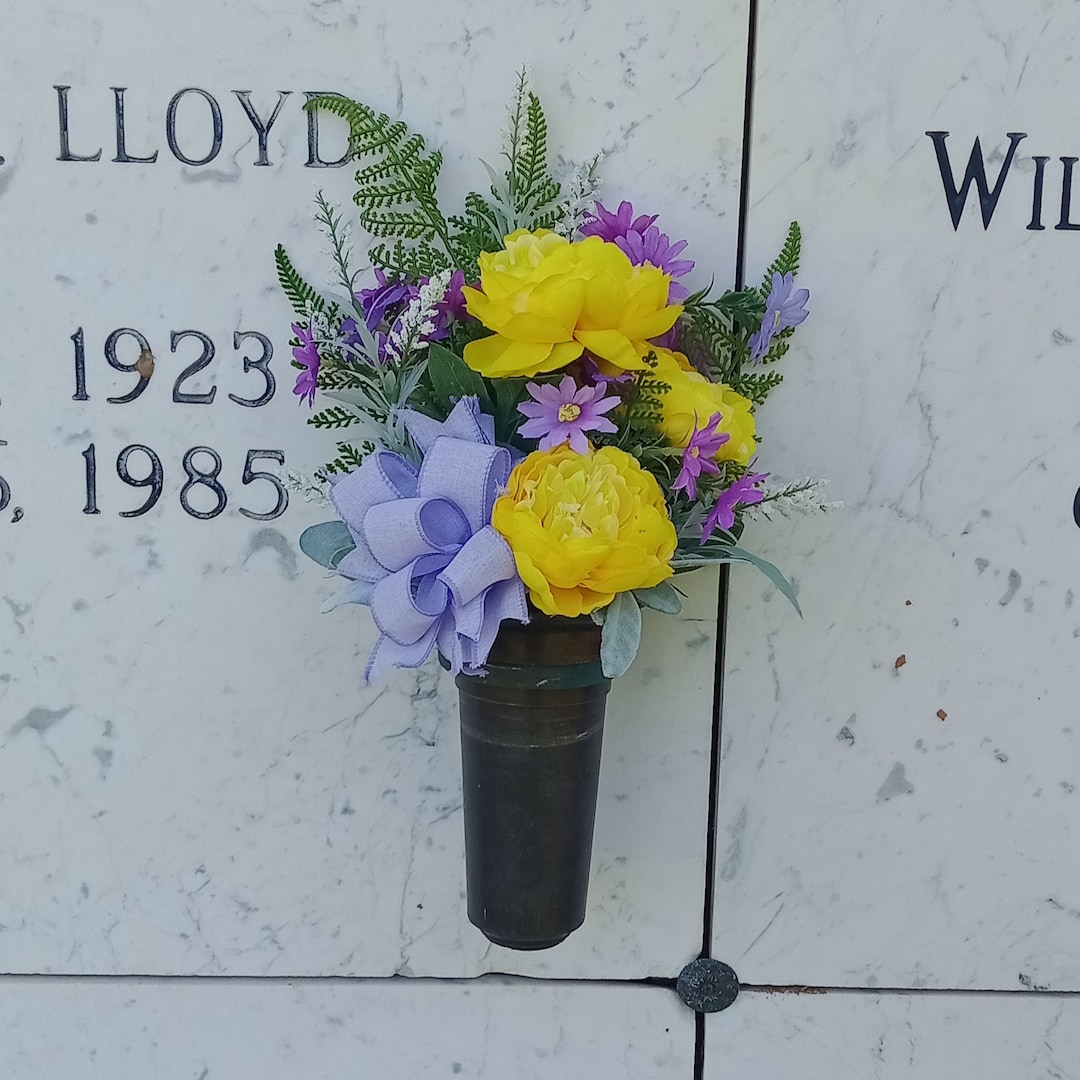 Cemetery Arrangement, Mausoleum Vase Insert, Purple and Yellow Cemetery ...