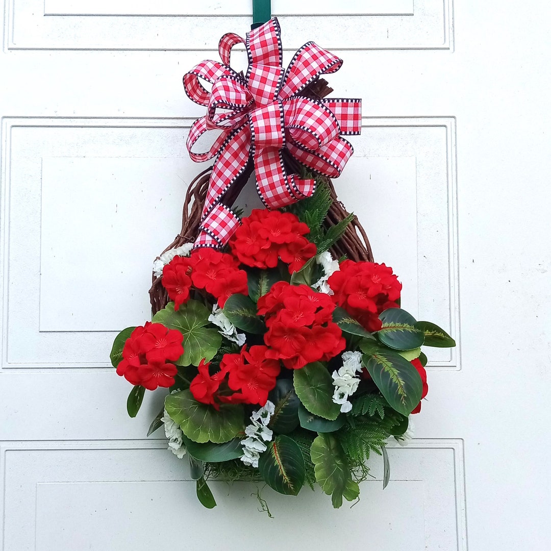 Fall Red Geranium Wreath, Geranium Grapevine Wreath, Red and White Fall ...