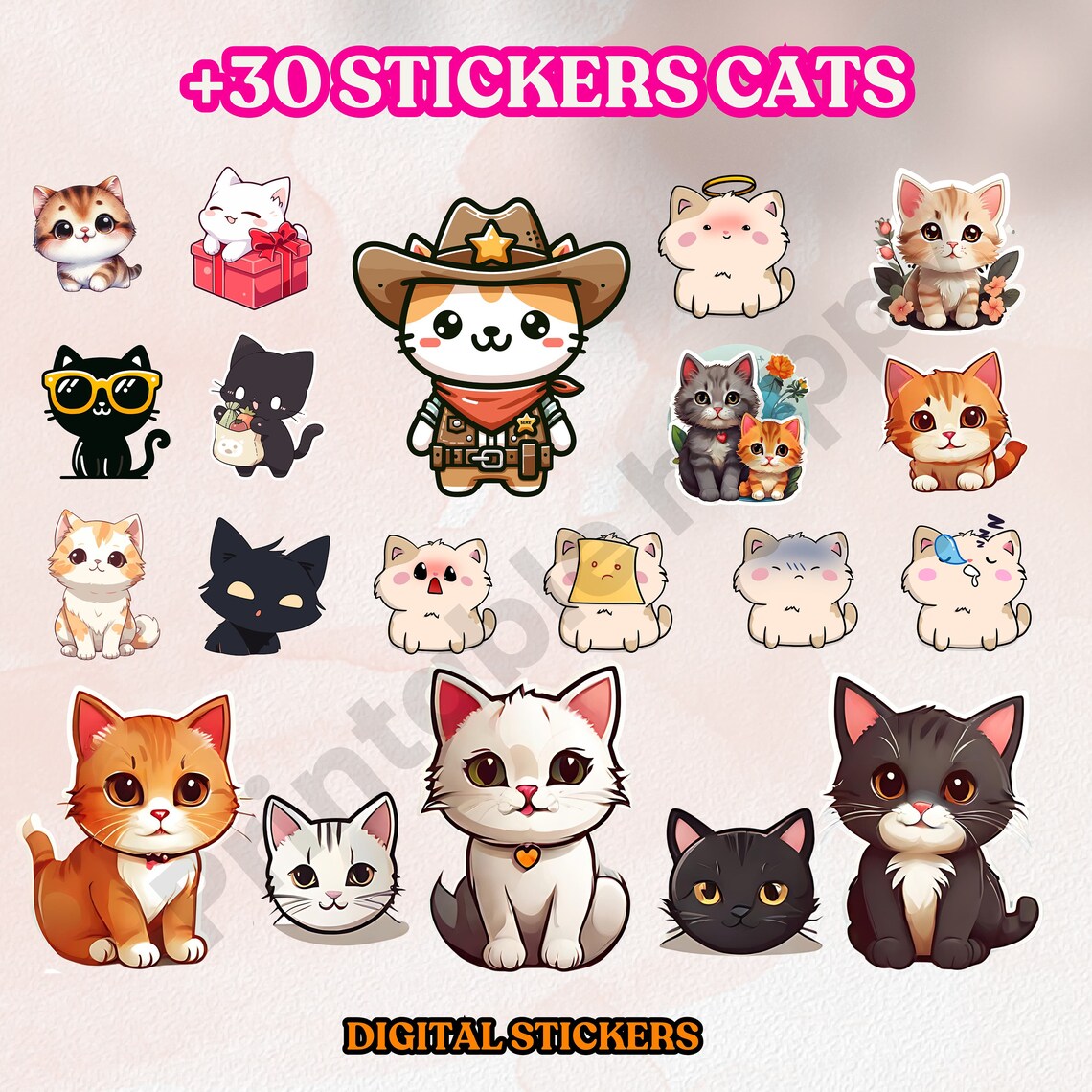 Cats Clipart Cute, Kawaii Clipart Wall Art, Printable Stickers Planner ...