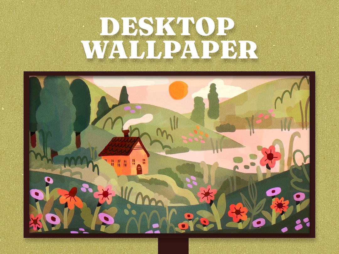 Lush Green Cottage Desktop Wallpaper, Cottagecore Digital Drawing ...