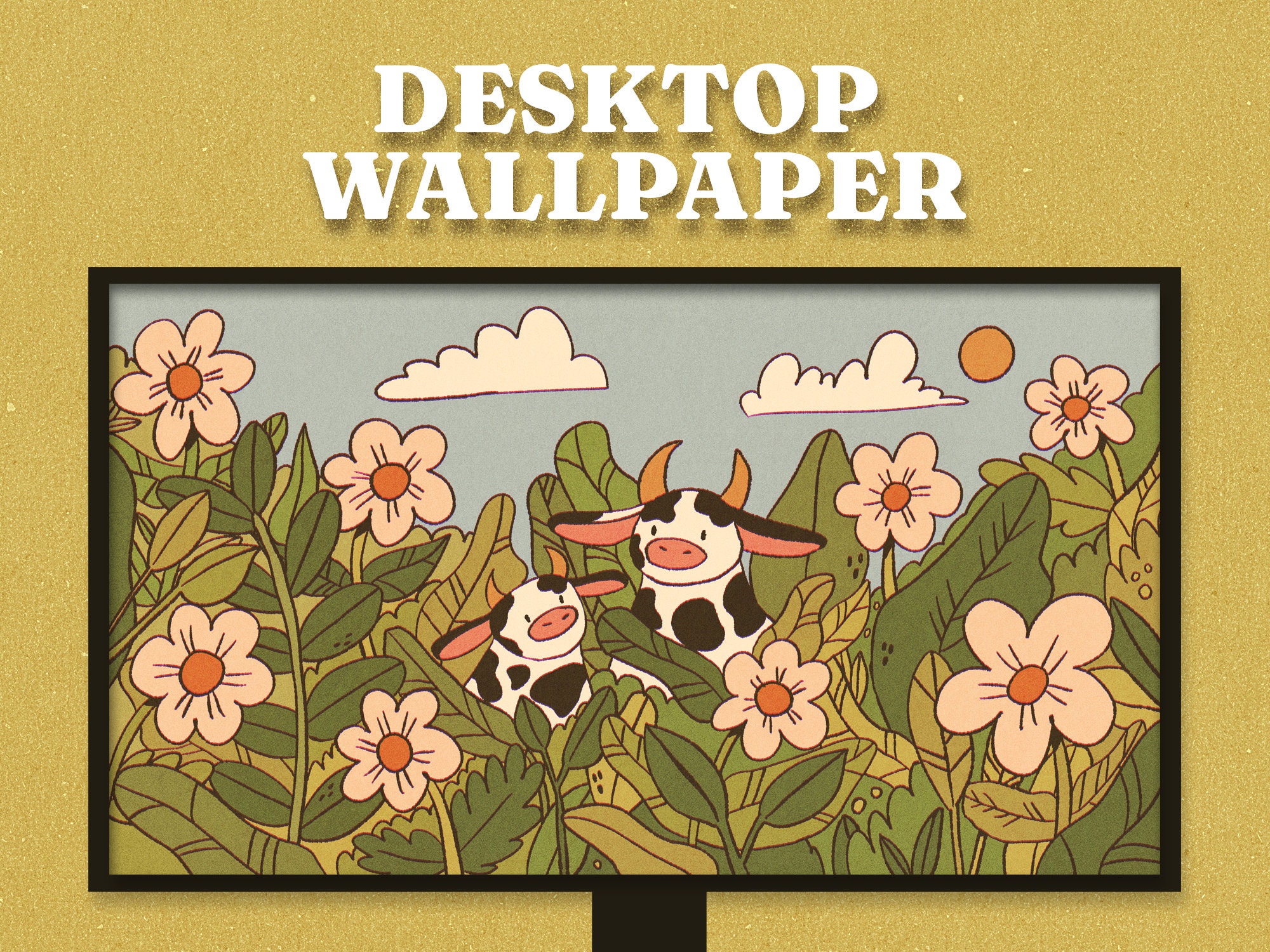 Cow Desktop Wallpaper: Cottagecore Digital Drawing (instant Download ...