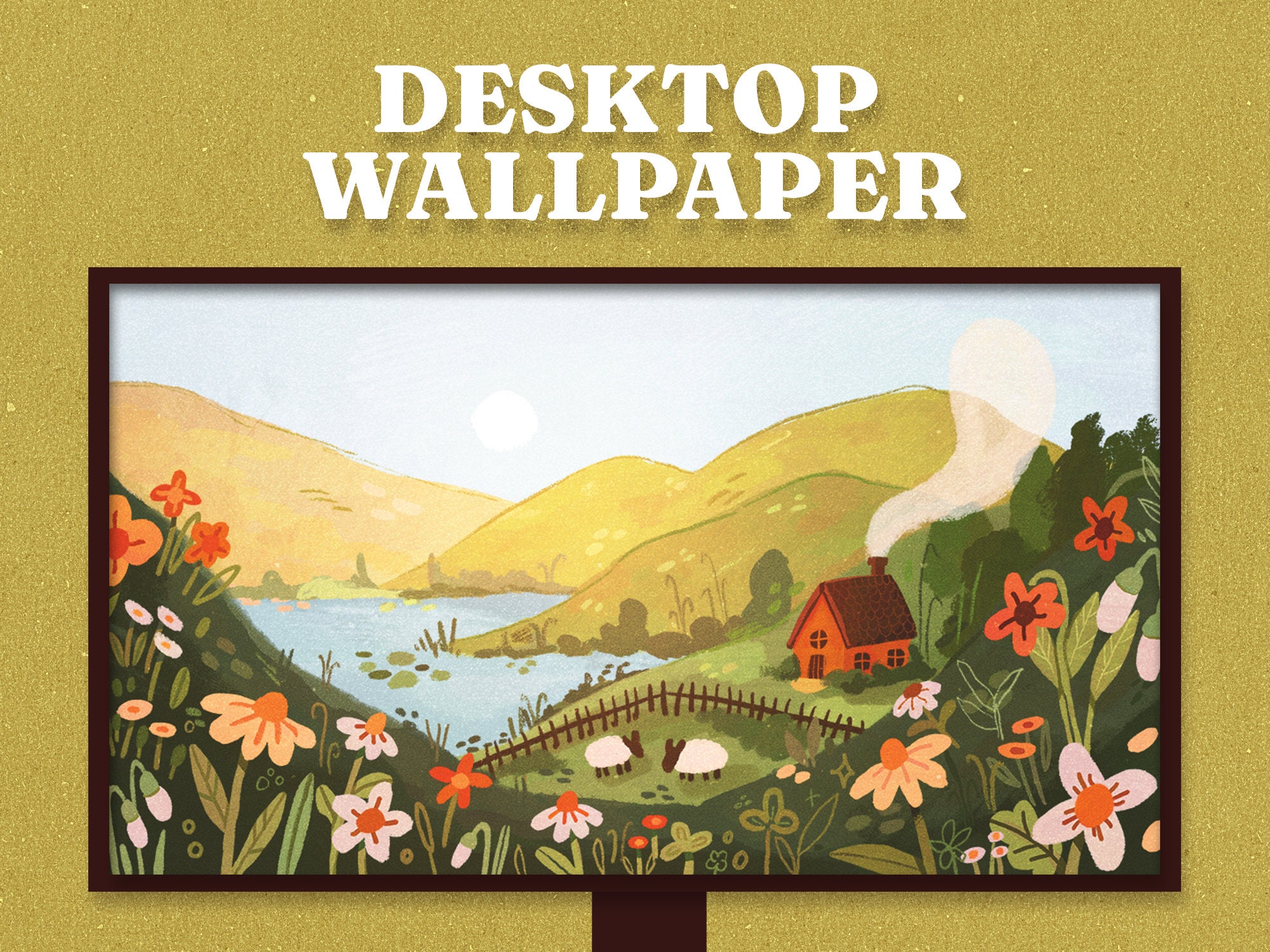 Cozy Hillside Cottage Desktop Wallpaper, Landscape Wallpaper, Warm ...