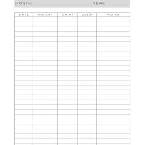Simple Weight Tracker Printable, Weight Log Template, Weight Loss Planner, Weight Record Sheet ...