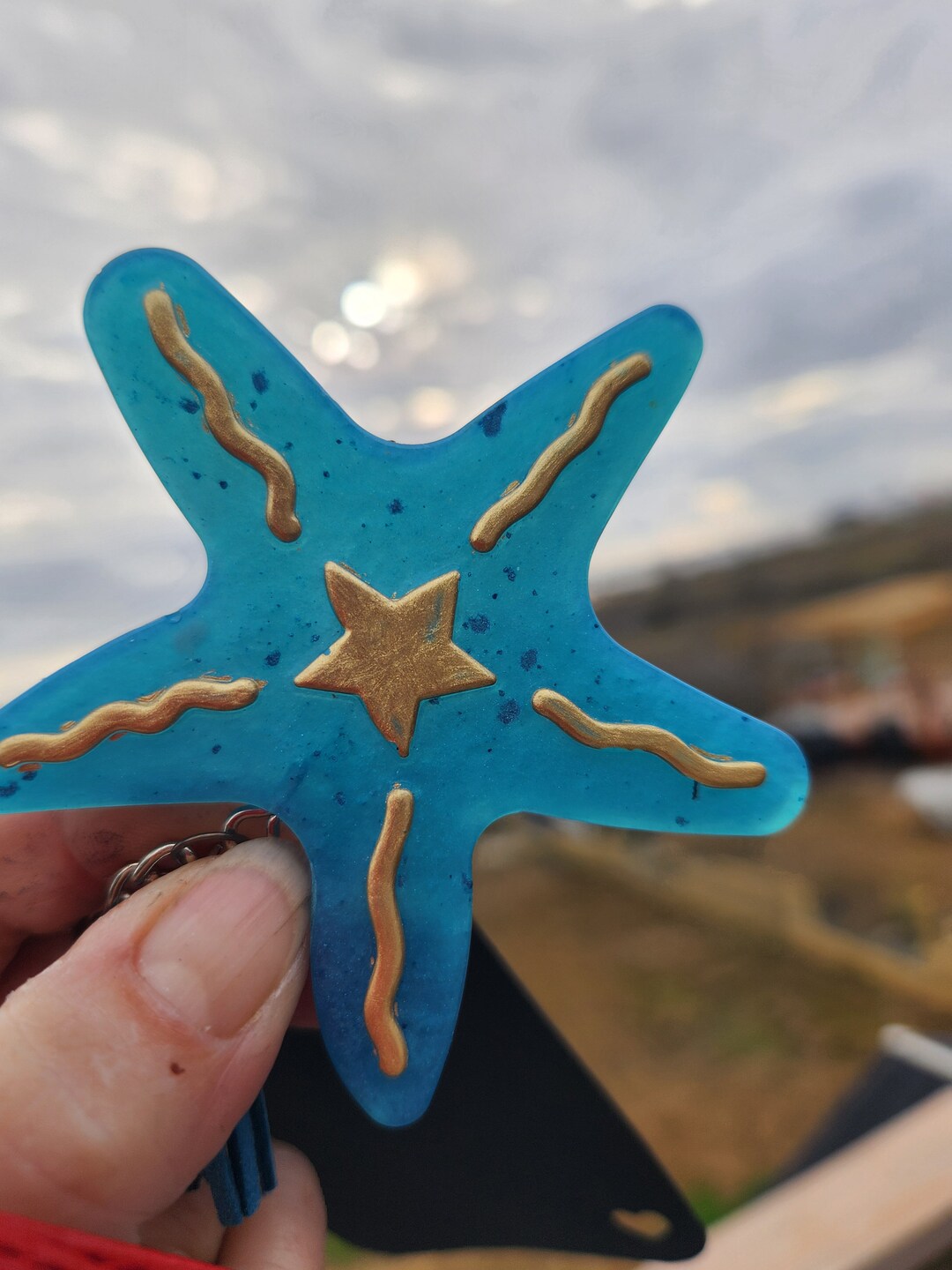Resin Blue and Gold Starfish Keychain - Etsy