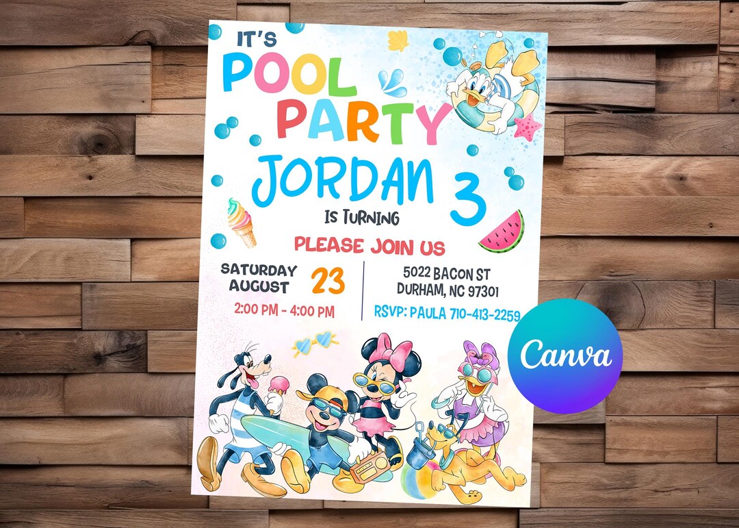 Mickey Mouse Pool Party Invitation Minnie Mouse Birthday Mickey Mouse ...