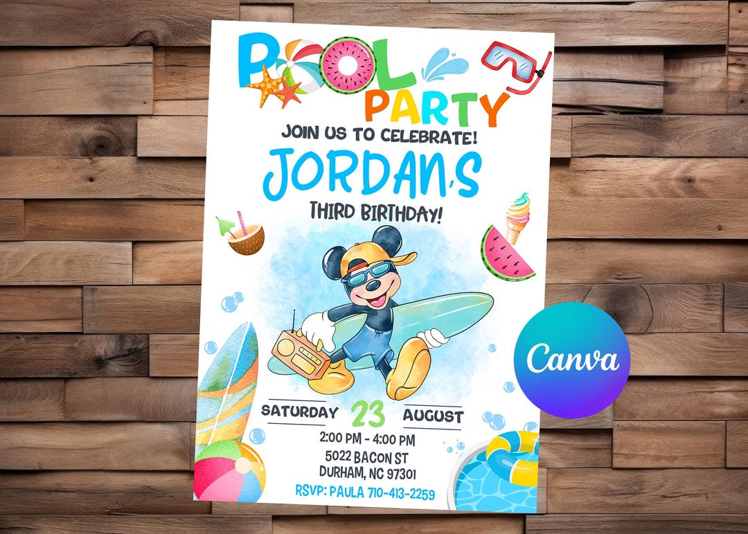 Mickey Mouse Pool Party Invitation Mickey Mouse Birthday Mickey Mouse ...