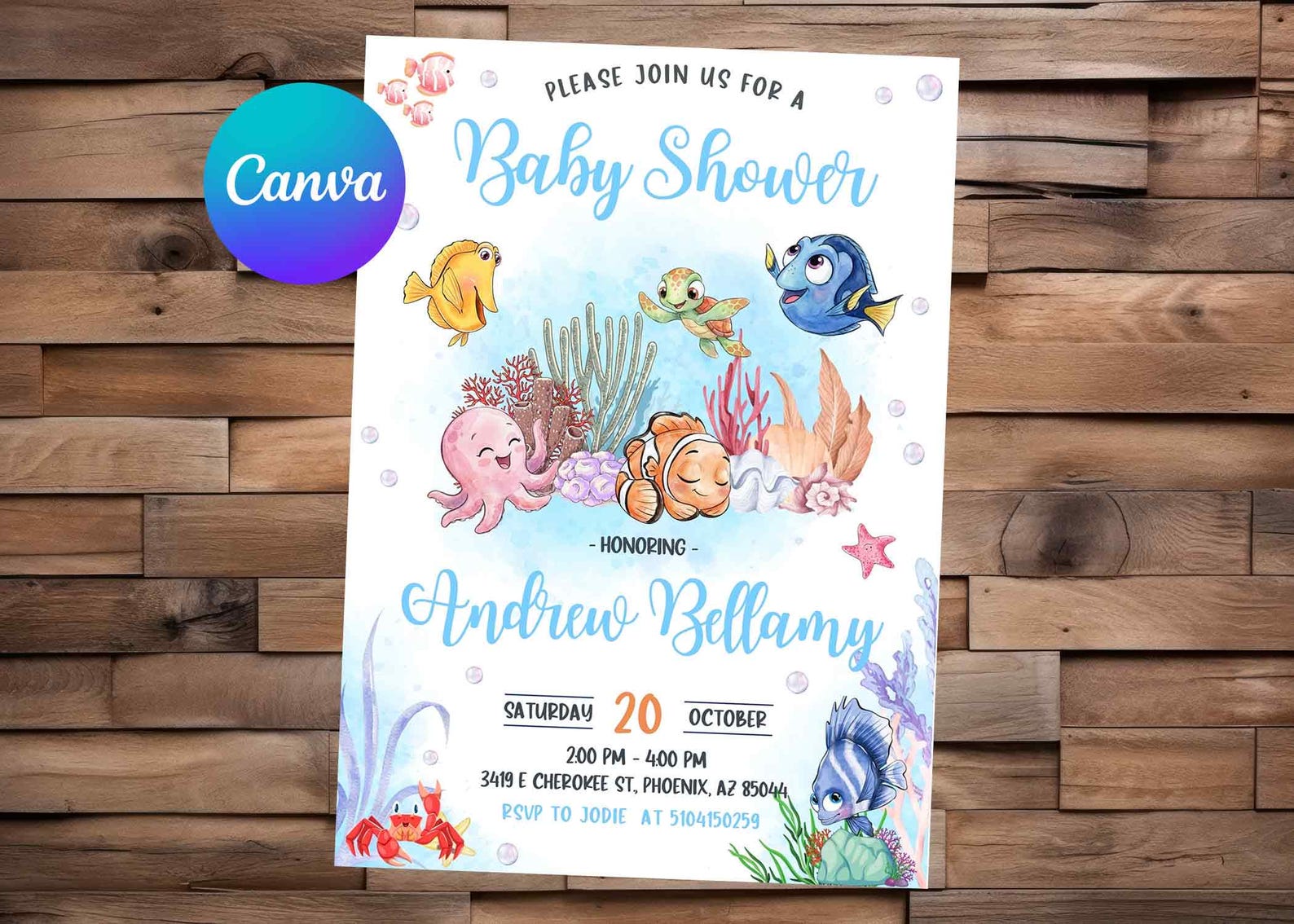Finding Nemo Baby Shower Invitation, Editable Canva Template, Under the ...
