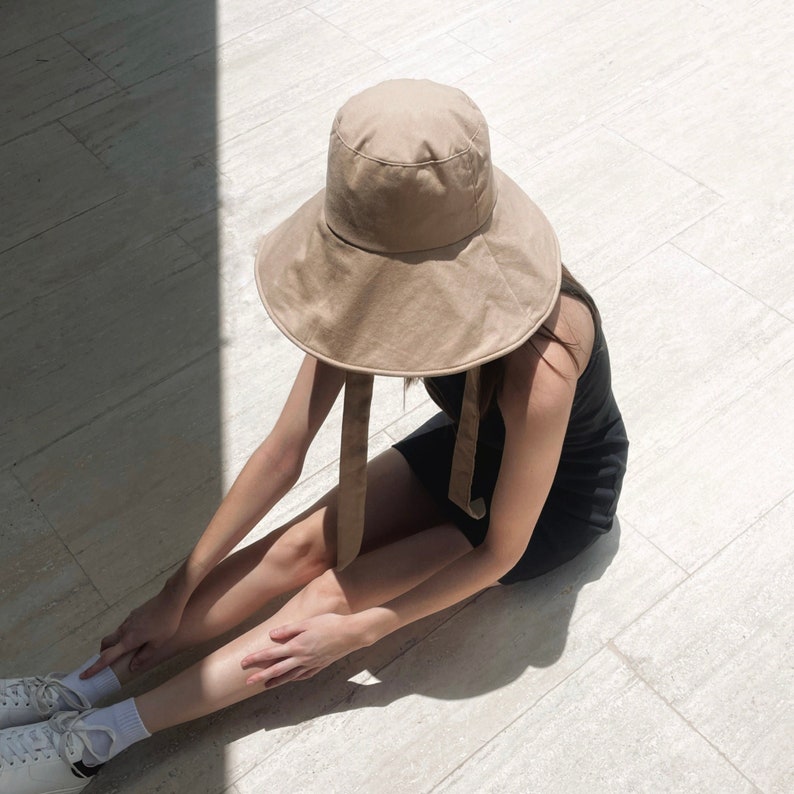 Wide Brim Cotton Bucket Hat: Modern Sun Hat With Neck Tie - Etsy