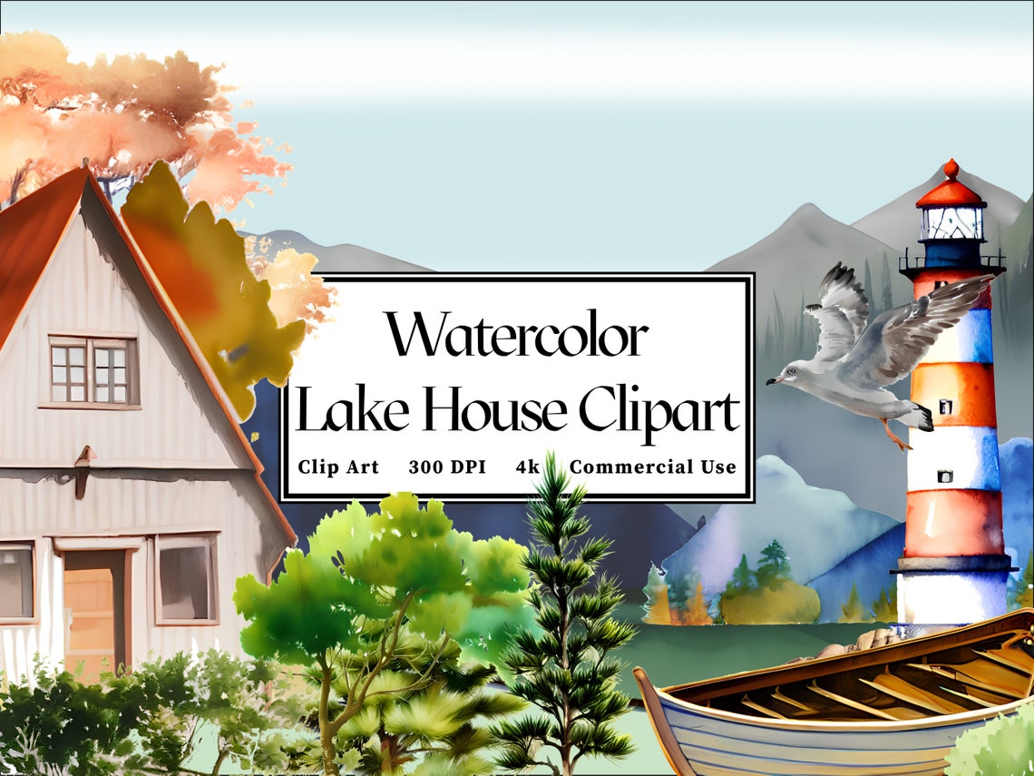 Watercolor Lake House and Cabin Clipart | for Commercial Use ...