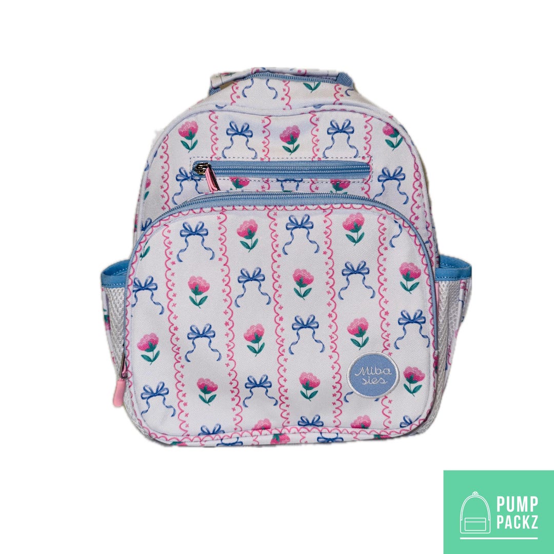 Small Feeding Tube Backpack | Pink and Sky Blue Tulip and Bows | for ...