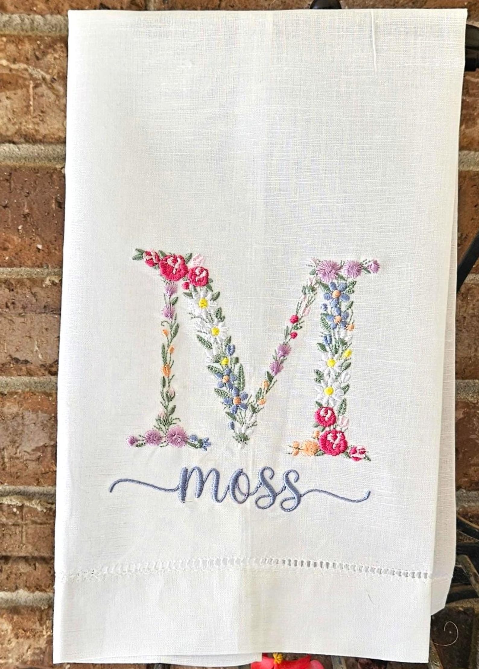 Floral Embroidered Linen Tea Towel: Personalized Monogram - Etsy