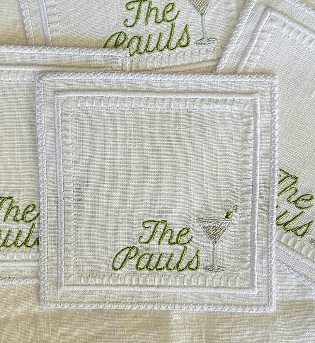 Embroidered Monogrammed Martini Linen Cocktail Napkin- Personalized ...