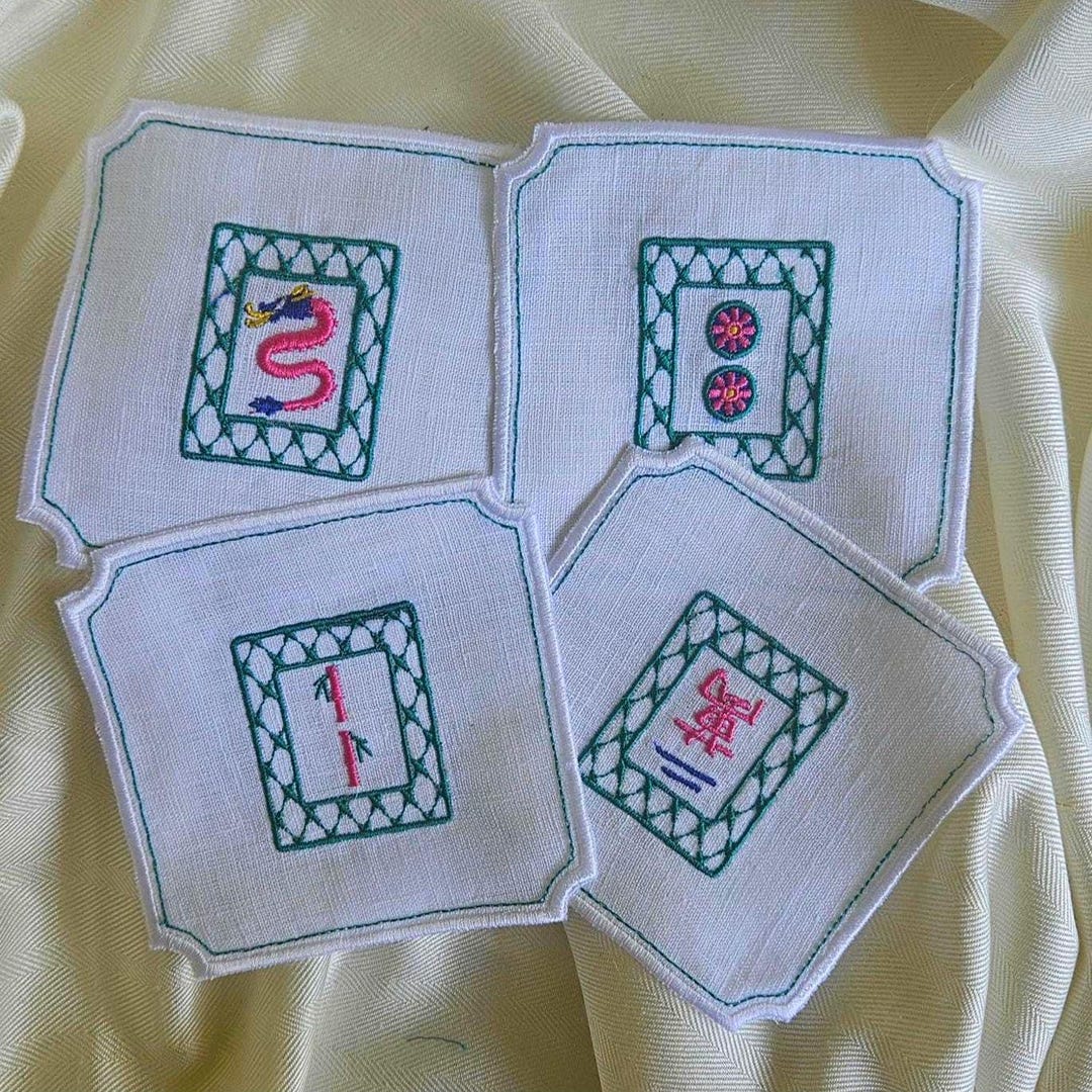 Embroidered Mahjong Tiles Linen Cocktail Napkins - Set of Four - Etsy