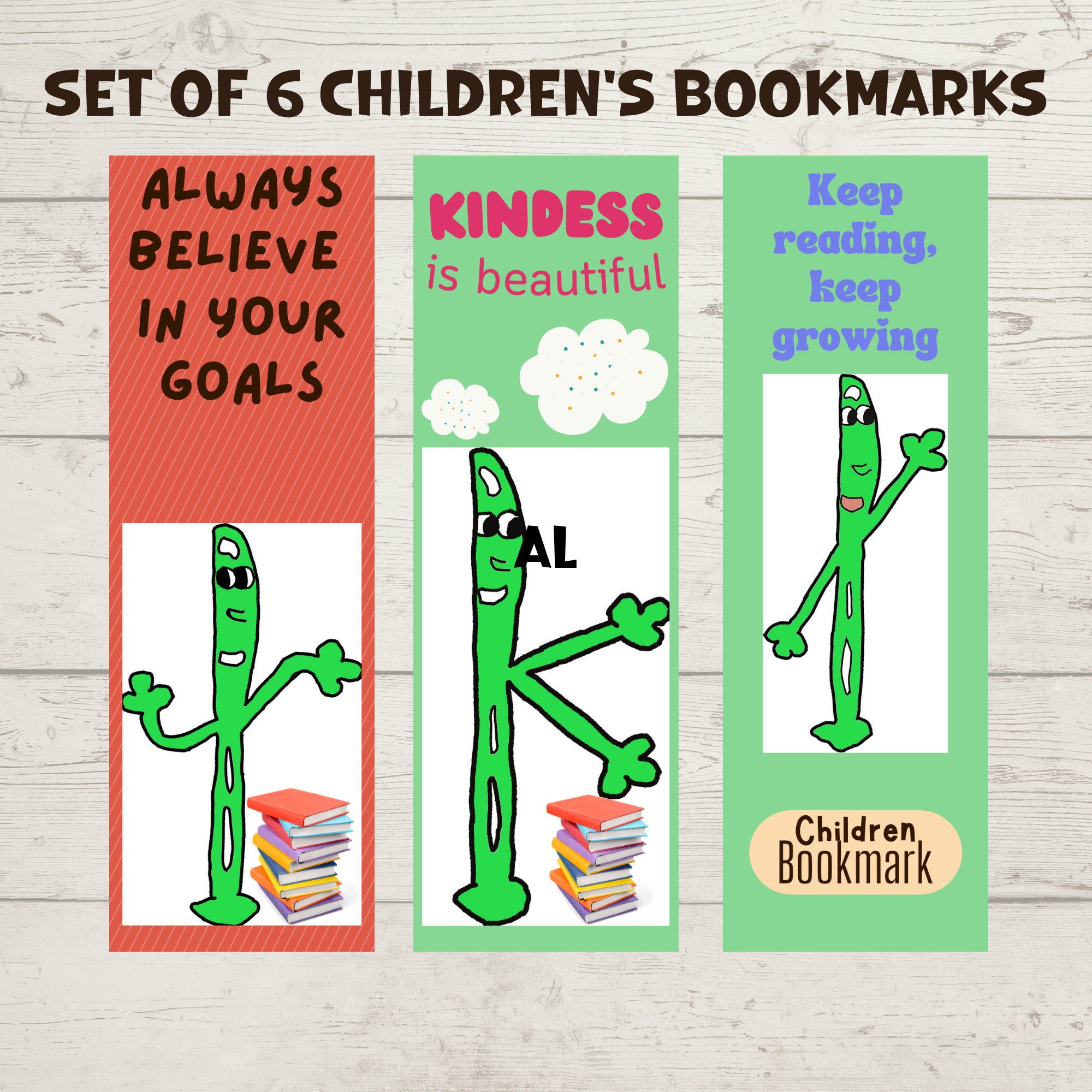 Set of 6 Children's Bookmarks, Cartoon Character, Encouraging Messages ...