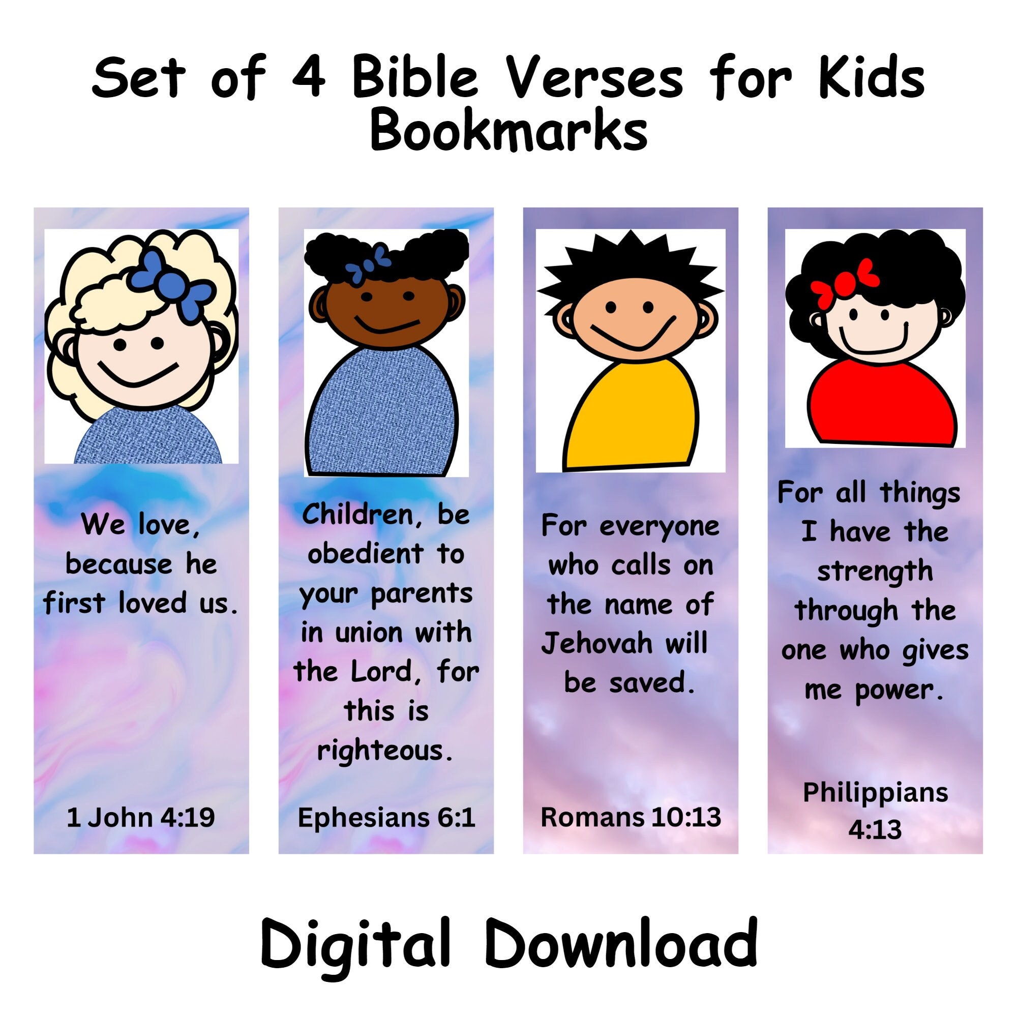 Set of 4 Printable Bible Verses for Kids, Coloring Bookmarks, Bible ...