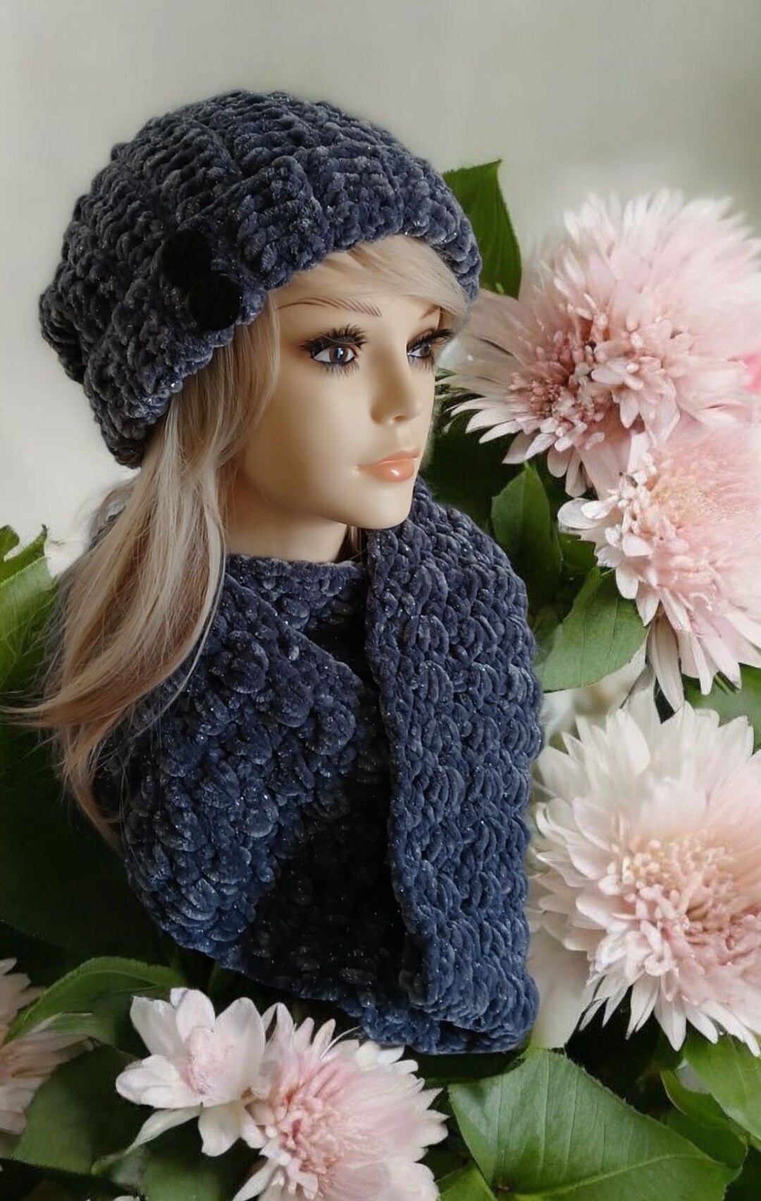 Silver Grey Velour/velvet Sparkle Infinity Scarf and Slouchy Beanie Set ...
