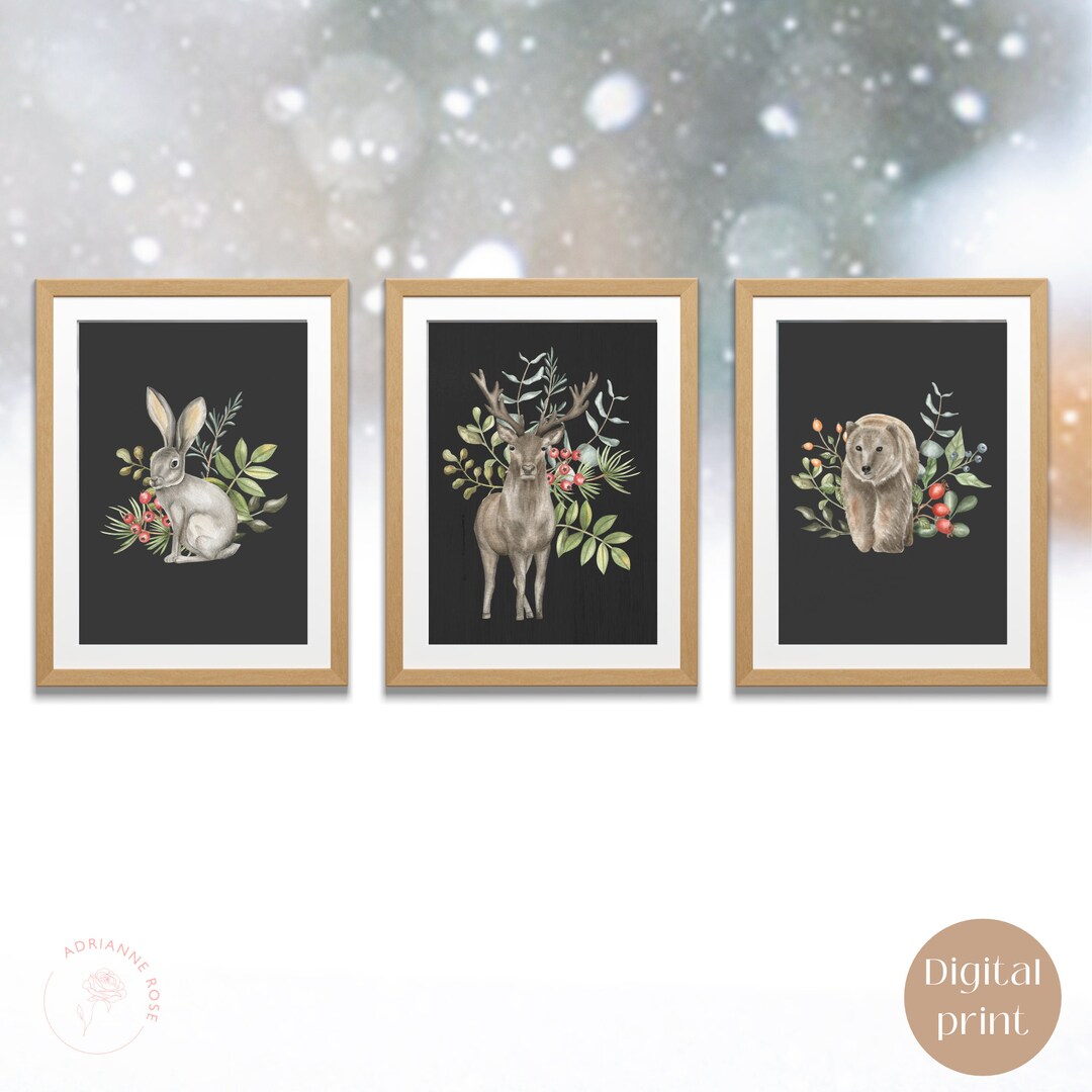 Set of 3 Christmas Decor Animals, Printable Wall Art, Digital Print ...