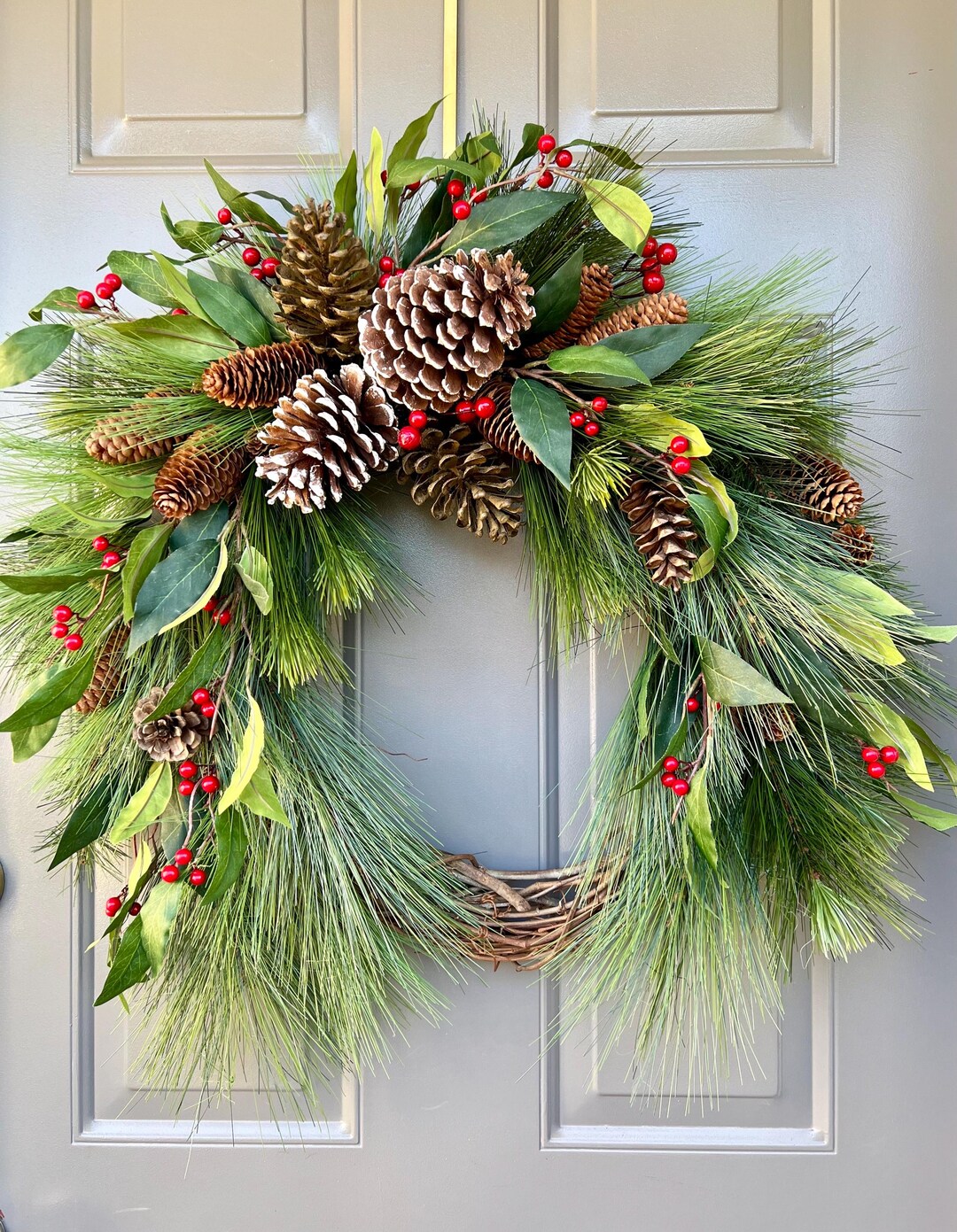 Elegant Rustic Pine, Pinecone and Red Berry Christmas Wreath for Front ...
