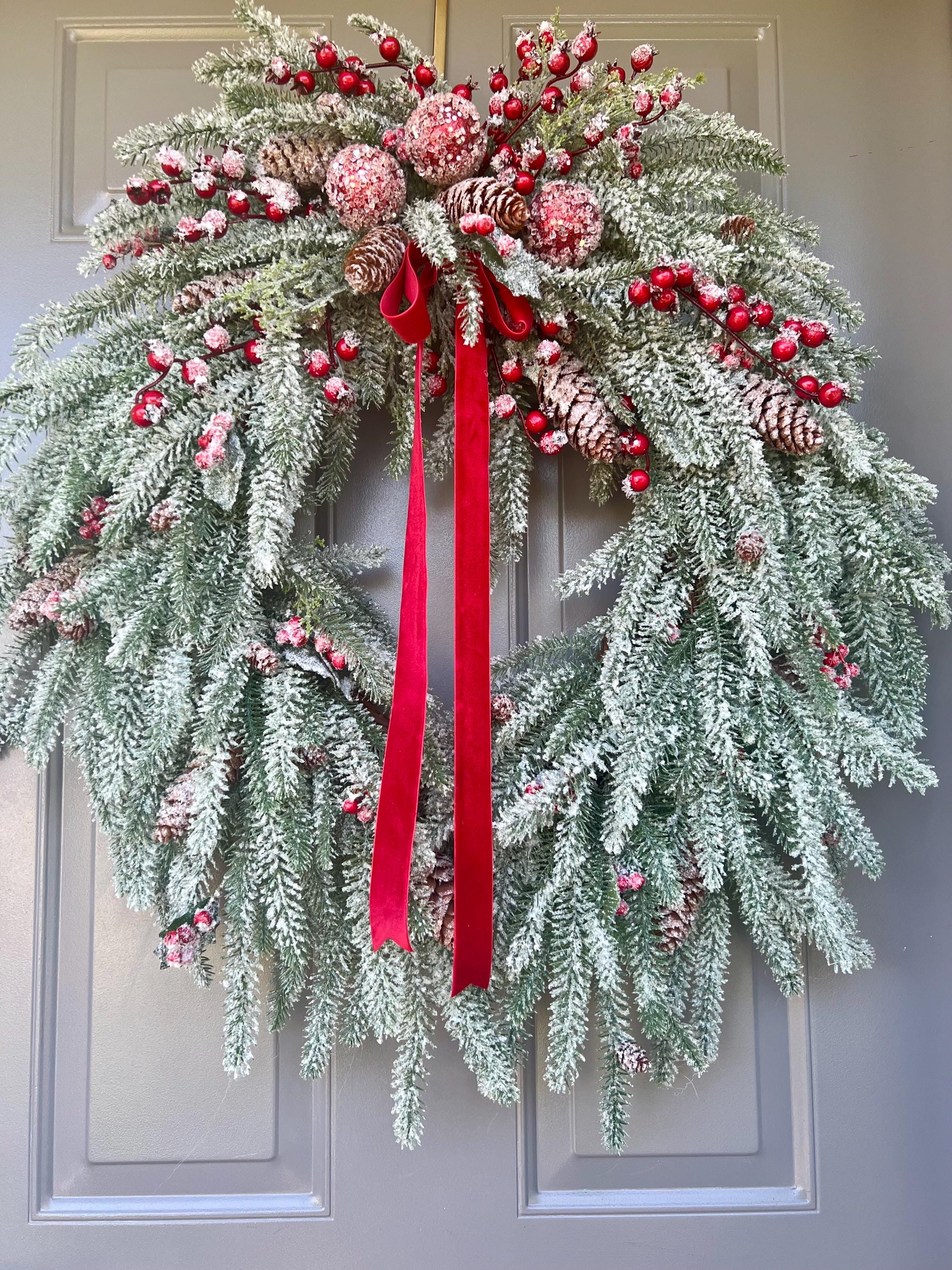 Christmas Wreath Flocked Pine Winter Wreath, Frosted Berries ...