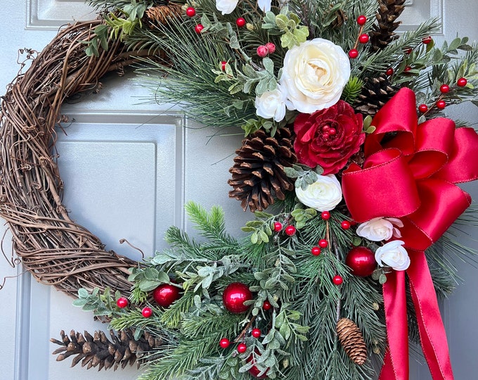 Christmas Wreath, Modern Farmhouse, Fireplace Wreath, Pinecone Wreath ...