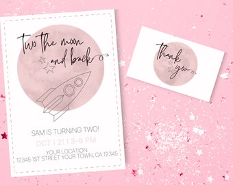 Editable Girl Two the Moon Birthday Party Invitation Card Template ...