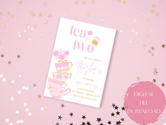 Tea for Two Second Birthday Party Invitation Template - Etsy