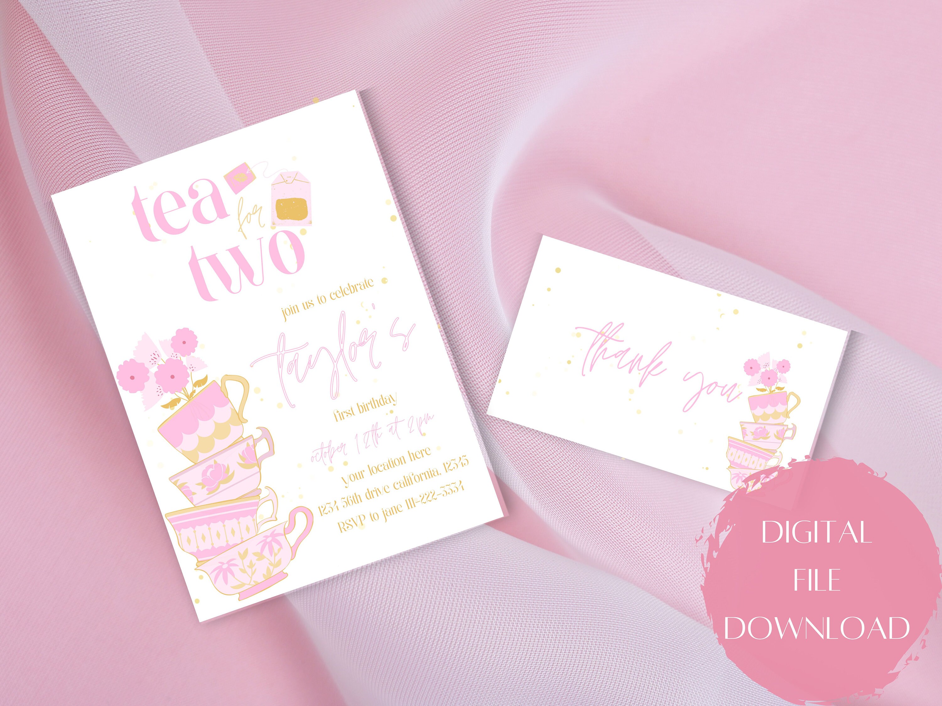 Tea for Two Second Birthday Party Invitation Template - Etsy