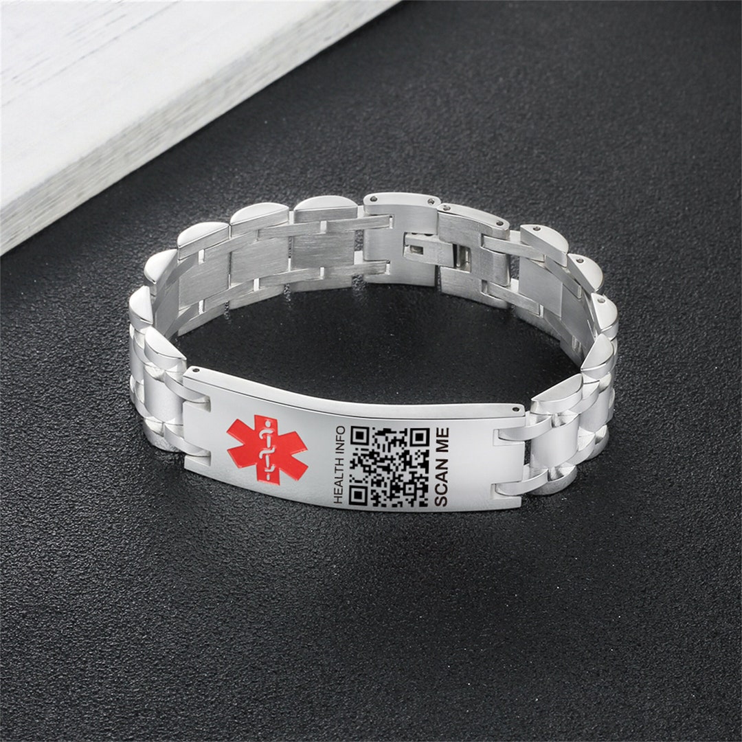 Personalize QR Code Medical Alert ID Bracelet Stainless Steel Chain ...