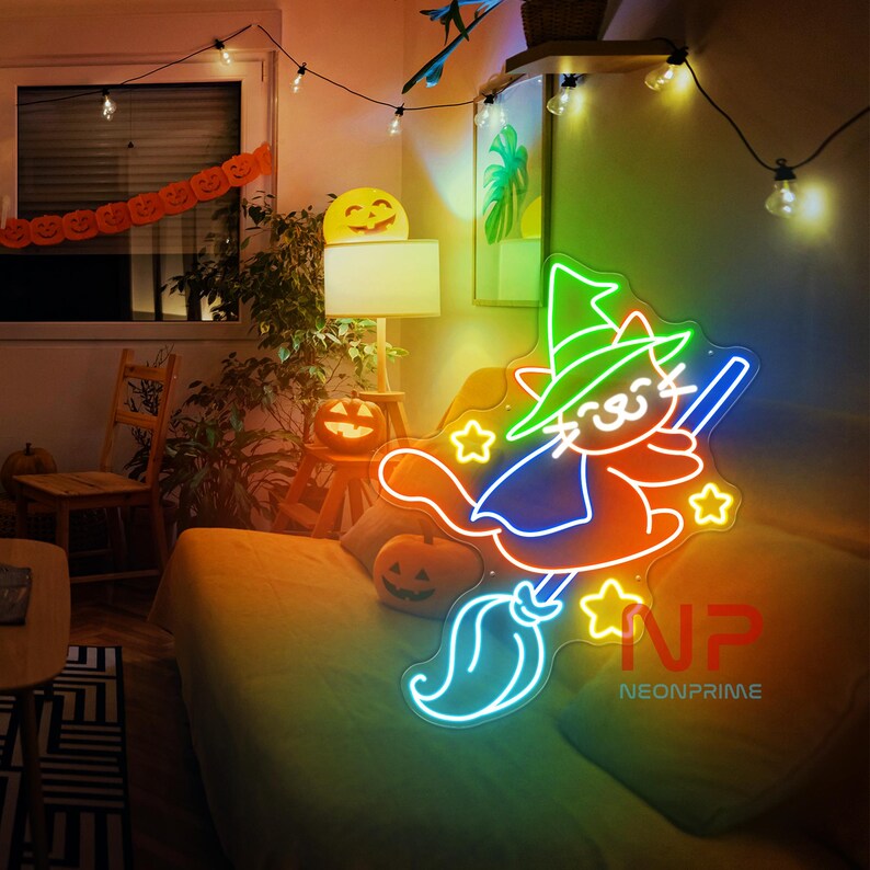 Cat Witch Neon Sign, Cat Halloween Sign Witch Decor Wall Witch Neon ...