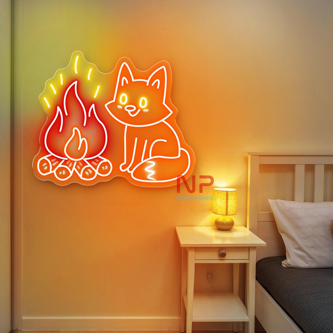 Fox and Camping Fire Neon Sign, Fox Campfire Neon Sign, Bonfire Led ...