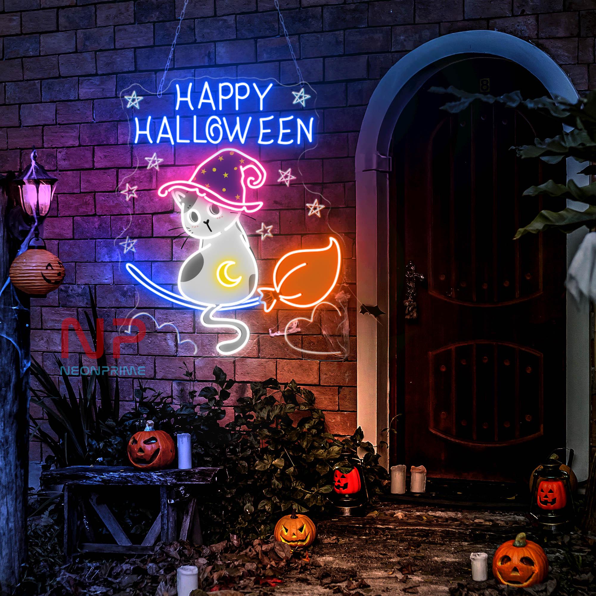 Happy Halloween Cat Witch Neon Sign, Witch Decor Wall, Witch Neon Sign ...