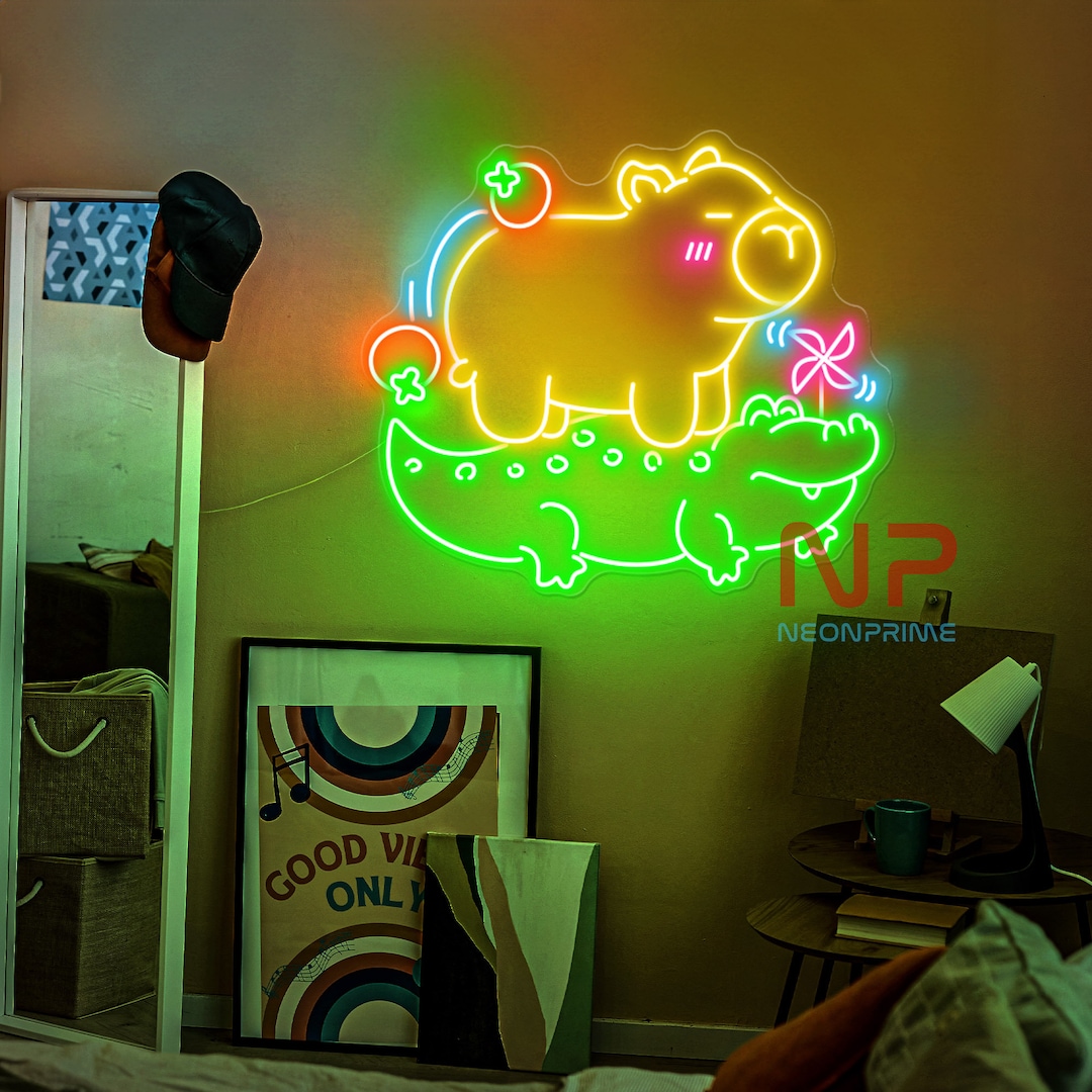 Capybara Riding Crocodile Neon Sign, Cute Crocodile Capybara Neon Light ...