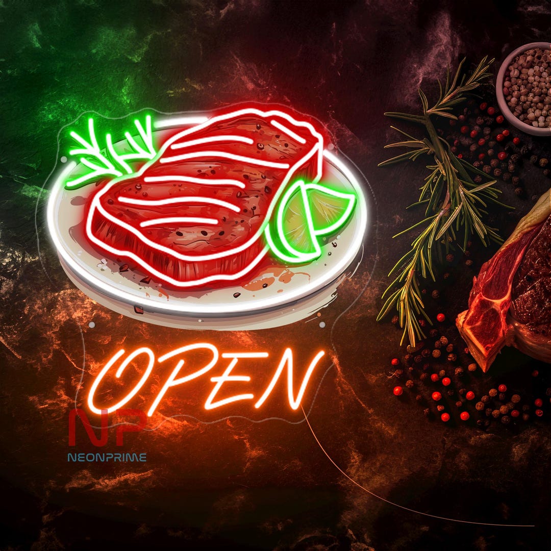 Beef Steak Open Neon Sign, Beef Steak Led Sign, Custom Neon Sign, Meat ...
