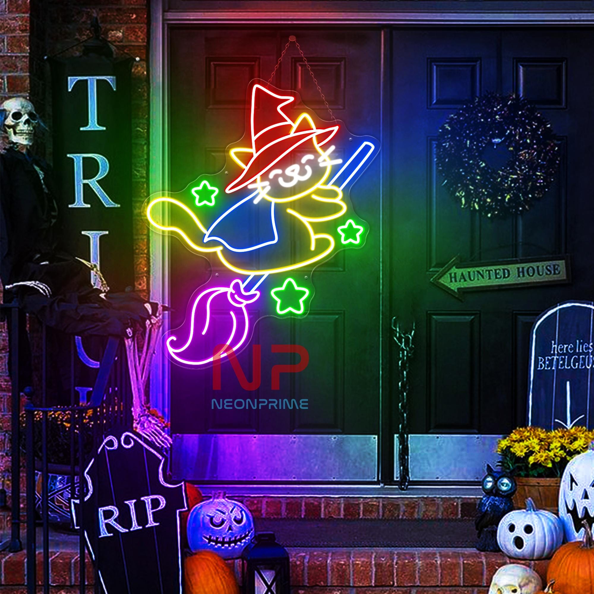 Cat Witch Neon Sign, Cat Halloween Sign Witch Decor Wall Witch Neon ...