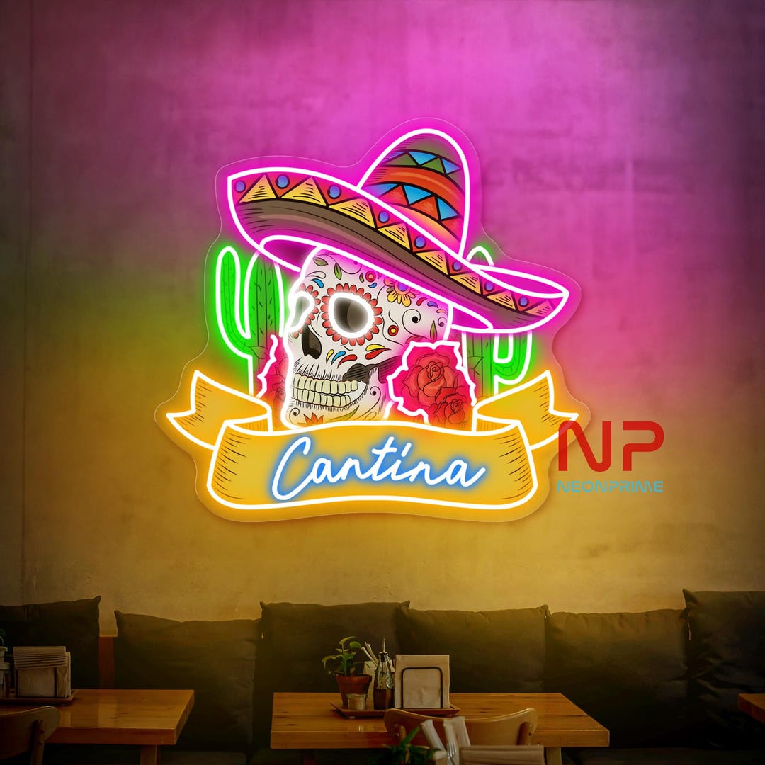 Mexican Skull Cantina Neon Sign, Mexican Neon Sign, Skull LED Sign ...
