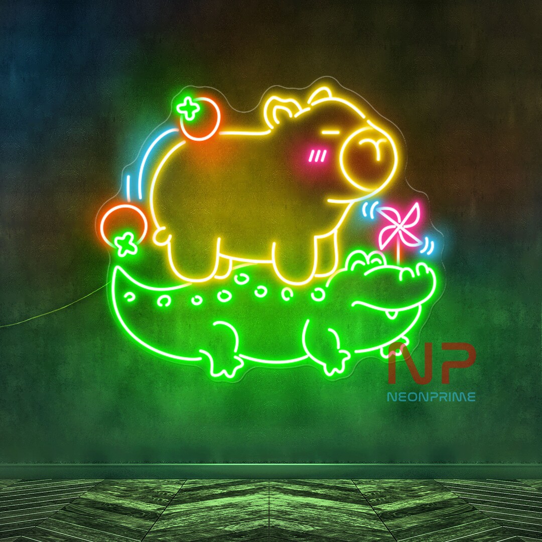 Capybara Riding Crocodile Neon Sign, Cute Crocodile Capybara Neon Light ...