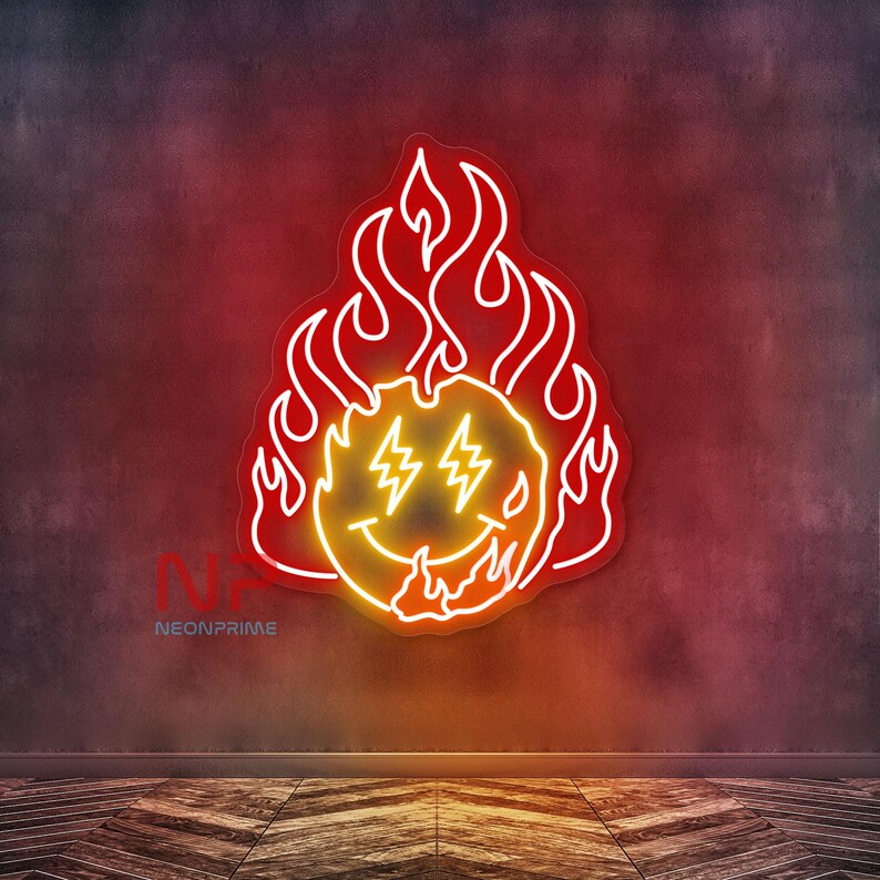 Fire Smiley Face Neon Sign Custom Bedroom Neon Sign Face Neon Sign ...