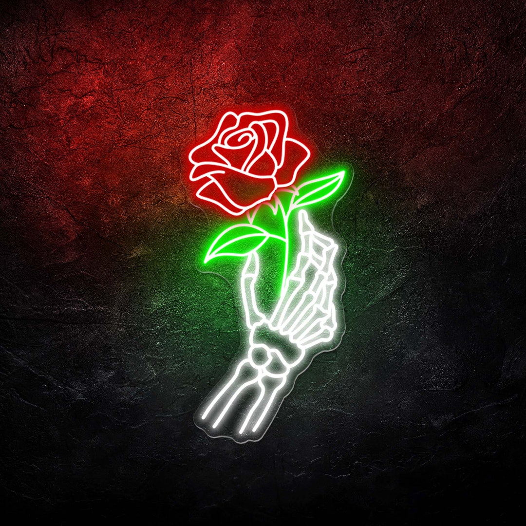 Skeleton Holding Rose Sign, Rose Flower Sign,custom Neon Sign,hands ...