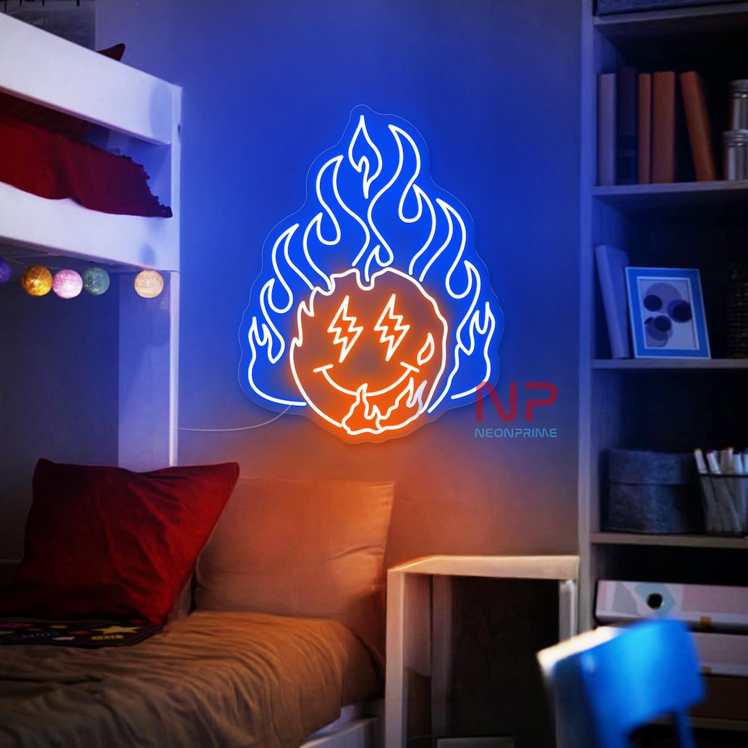 Fire Smiley Face Neon Sign Custom Bedroom Neon Sign Face Neon Sign ...