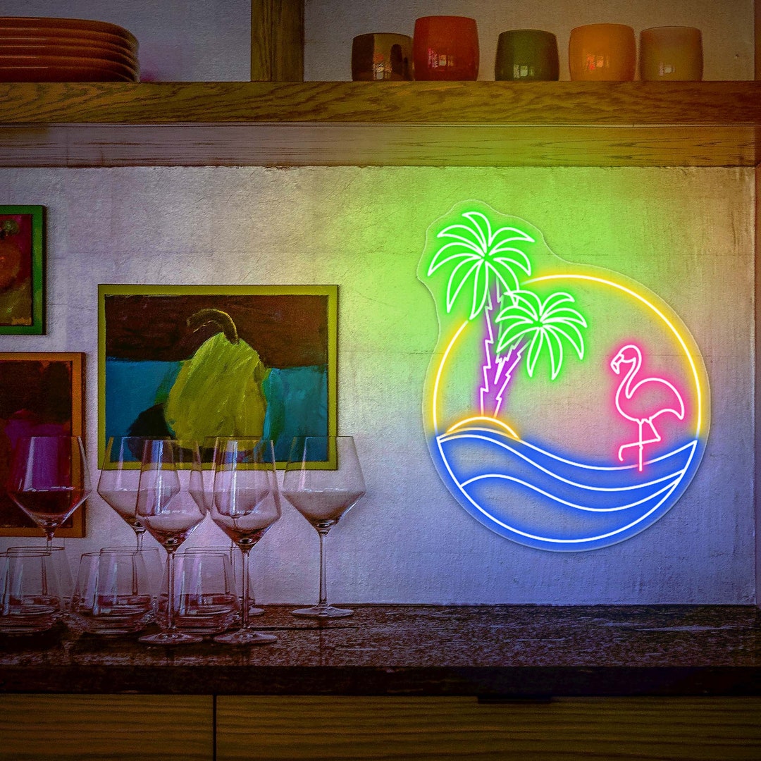 Neon Palm Tree Sign, Flamingo Neon Sign, Flamingo Decor, Sunset , Neon ...