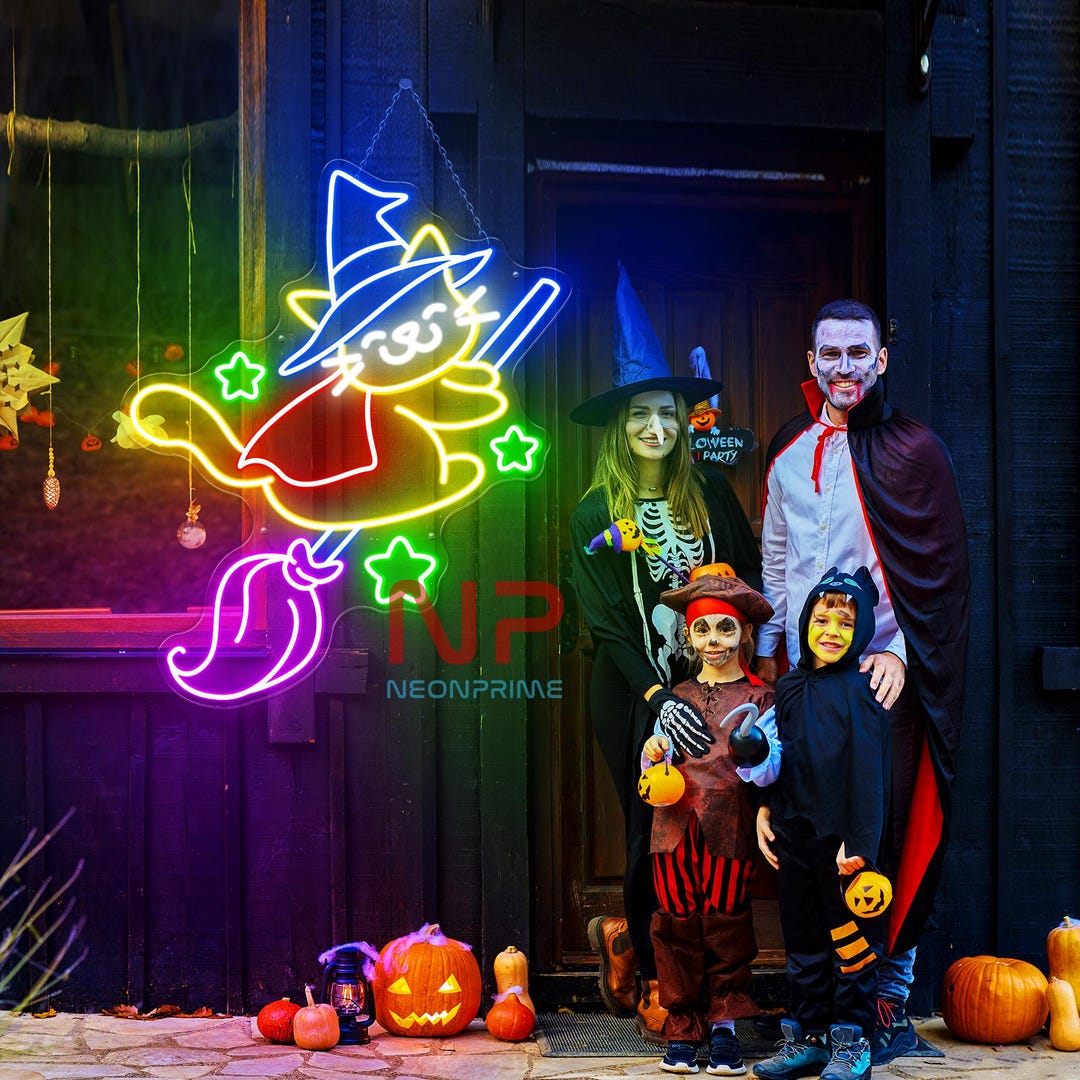 Cat Witch Neon Sign, Cat Halloween Sign Witch Decor Wall Witch Neon ...