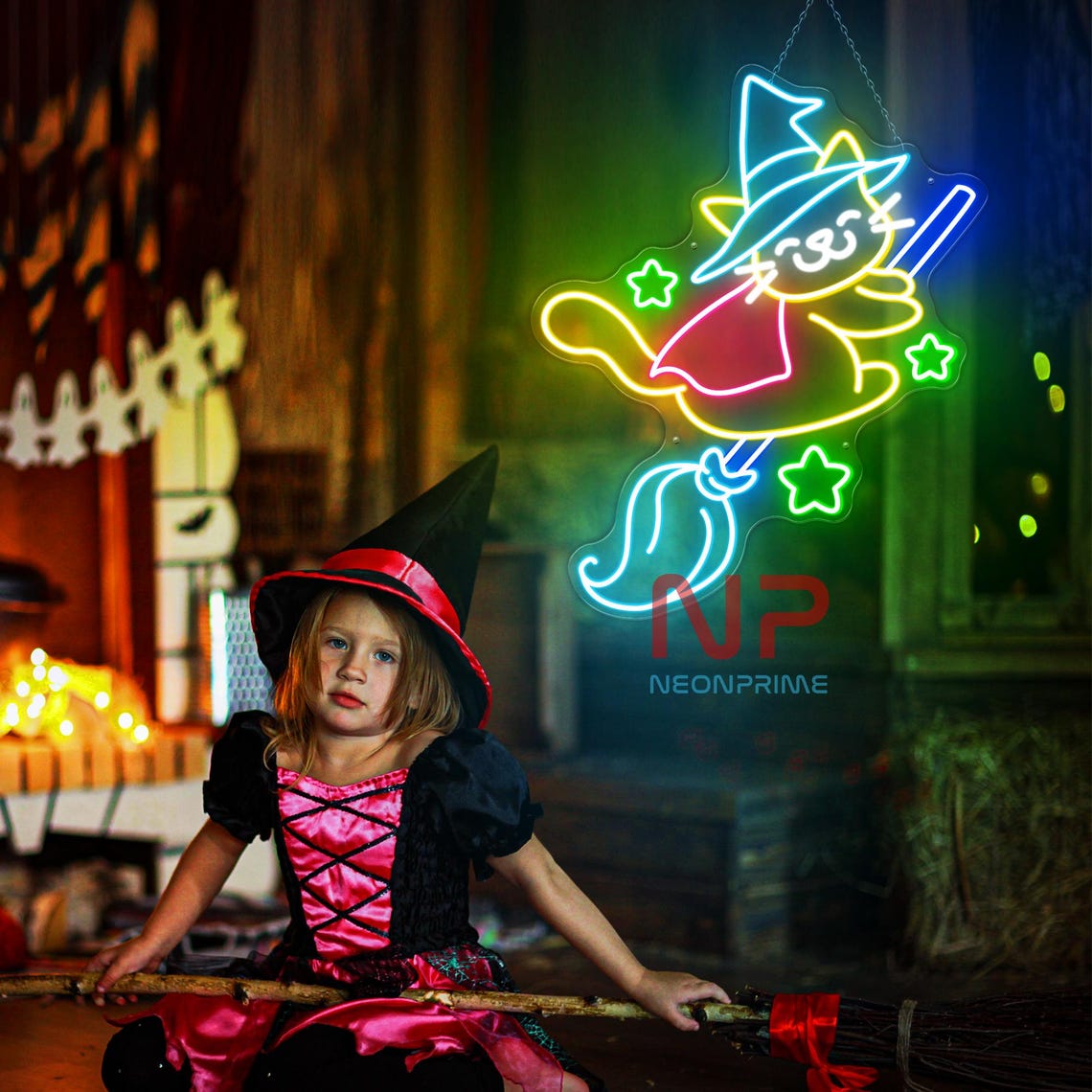 Cat Witch Neon Sign, Cat Halloween Sign Witch Decor Wall Witch Neon ...