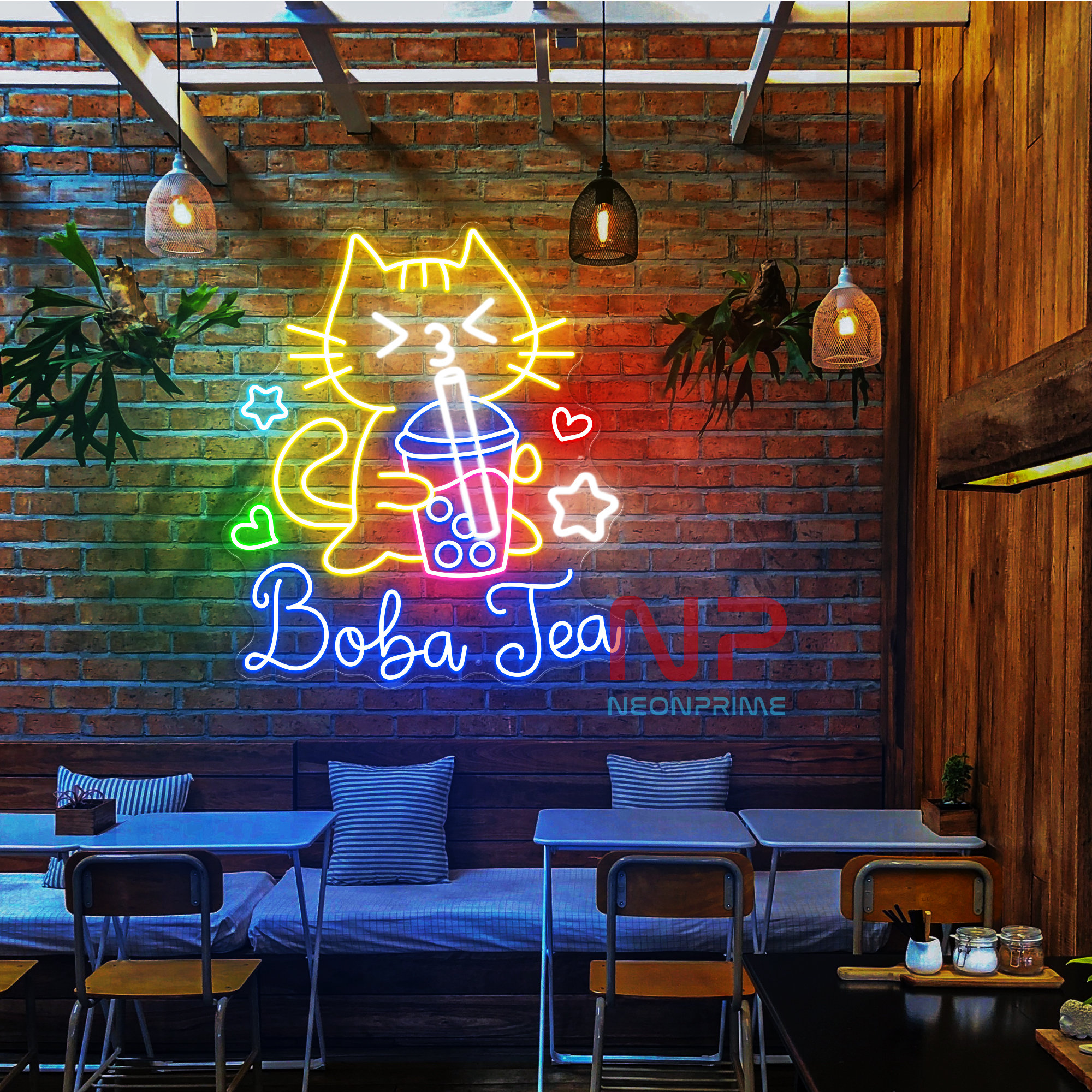 Cute Cat Drinking Boba Tea Neon Sign Bubble Tea Neon Light Milk Tea ...