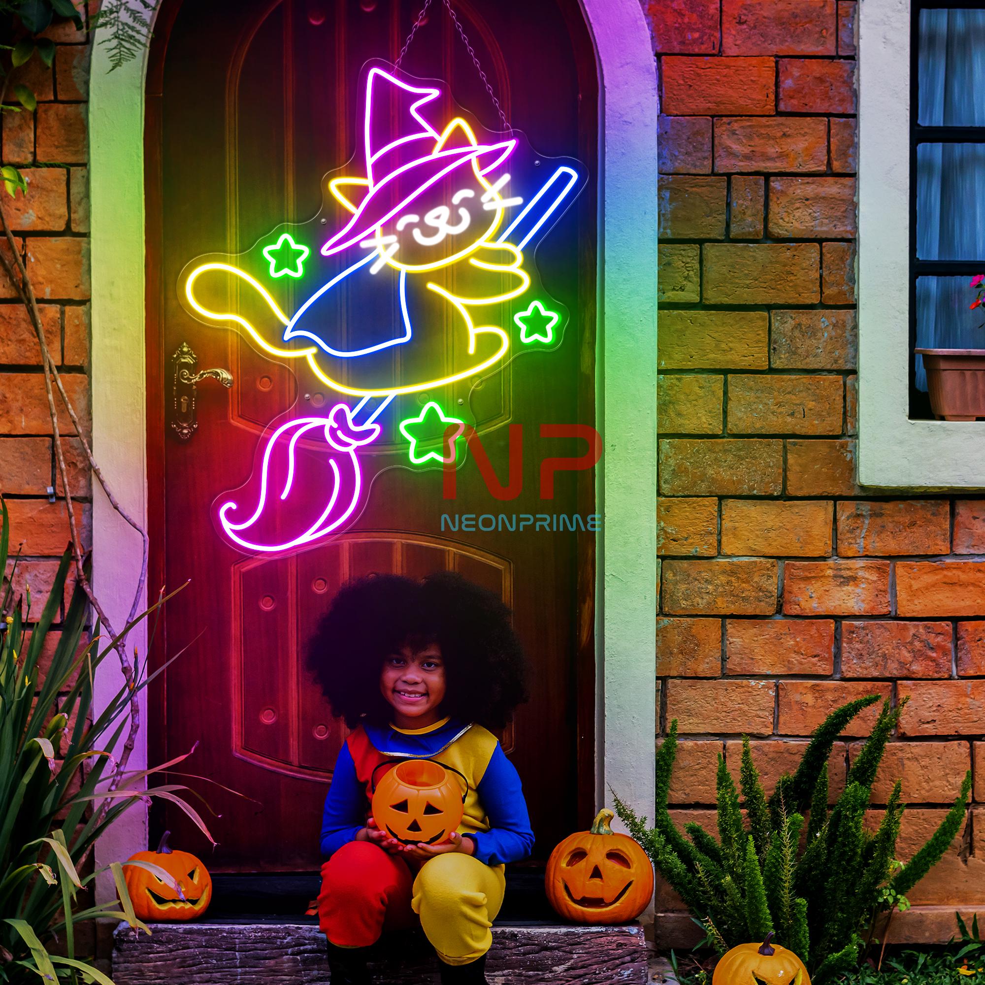 Cat Witch Neon Sign, Cat Halloween Sign Witch Decor Wall Witch Neon ...